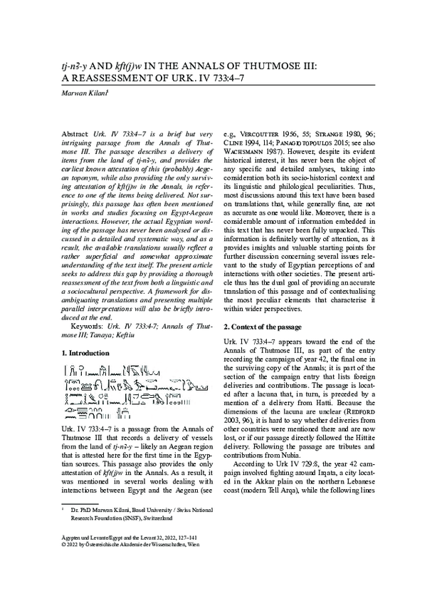 (PDF) tj-nꜢ-y and kft(j)w in the Annals of Thutmose III: a reassessment of Urk. IV 733:4–7