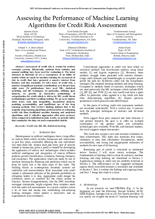 (PDF) Assessing the Performance of Machine Learning Algorithms for Credit Risk Assessment