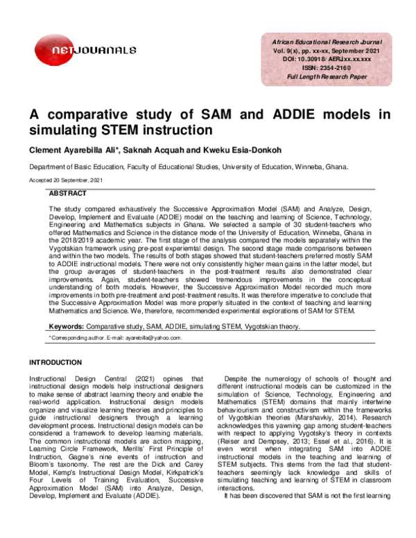 (PDF) A comparative study of SAM and ADDIE models in simulating STEM ...