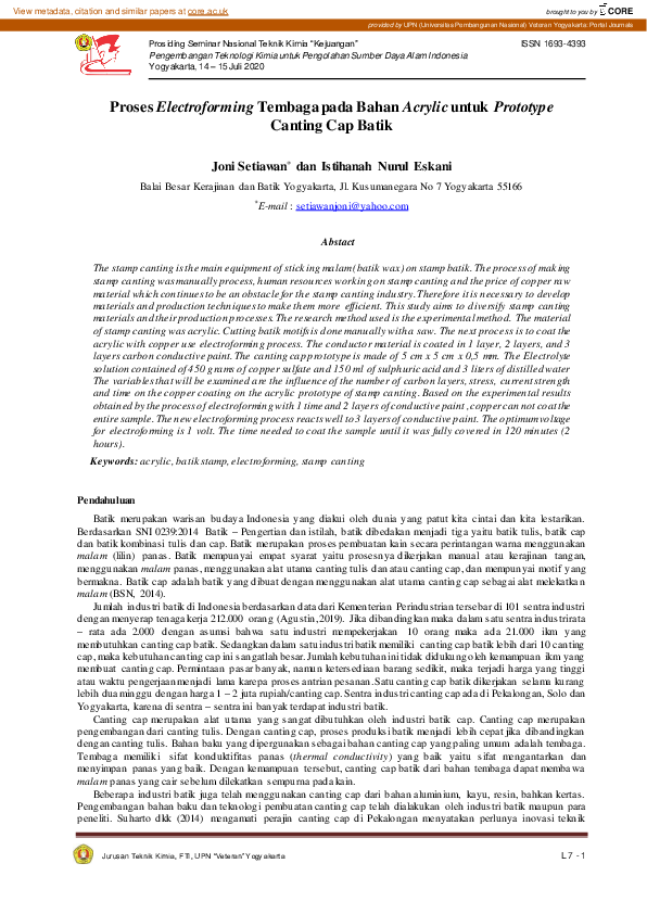 (PDF) Proses Electroforming Tembaga pada Bahan Acrylic untuk Prototype Canting Cap Batik