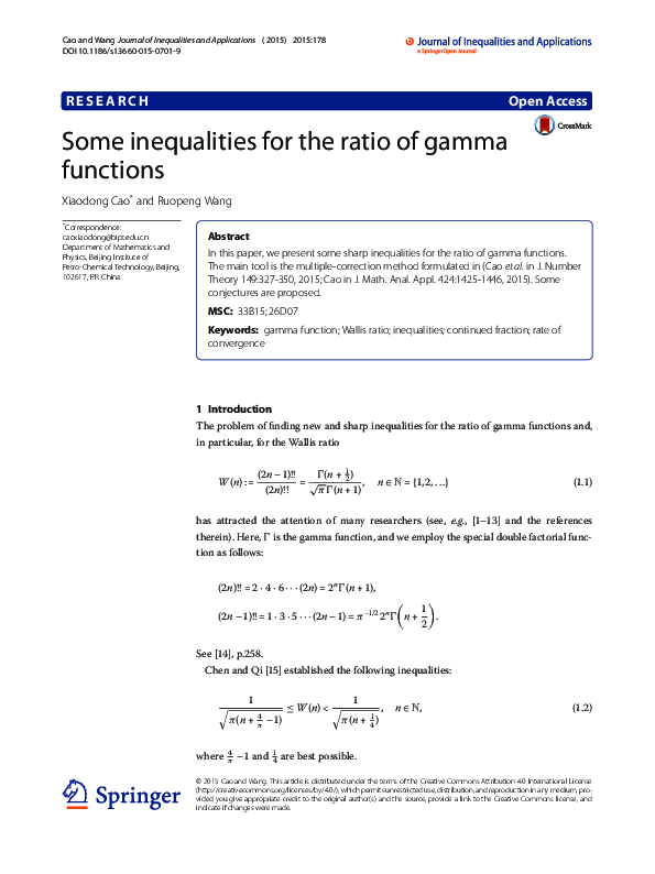 (PDF) Some inequalities for the ratio of gamma functions | Andrea Laforgia - Academia.edu
