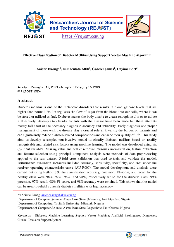 (PDF) Effective Classification of Diabetes Mellitus Using Support ...