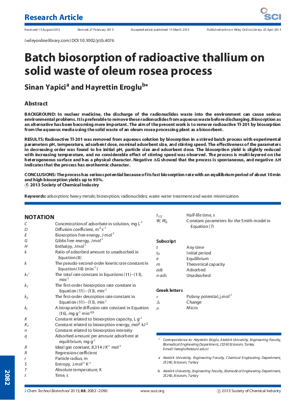 (PDF) Batch biosorption of radioactive thallium on solid waste of oleum ...