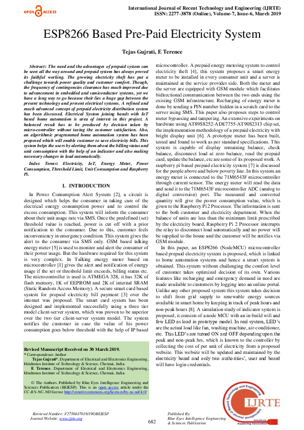 (PDF) ESP8266 Based Pre-Paid Electricity System