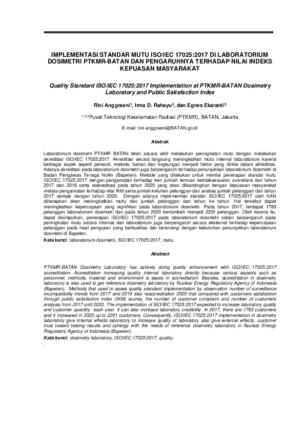 (PDF) Implementasi Standar Mutu ISO/IEC 17025:2017 di Laboratorium Dosimetri PTKMR-BATAN dan ...