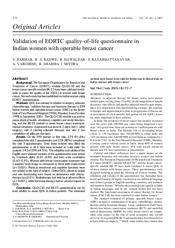 (PDF) Validation of EORTC quality-of-life questionnaire in Indian women with operable breast cancer
