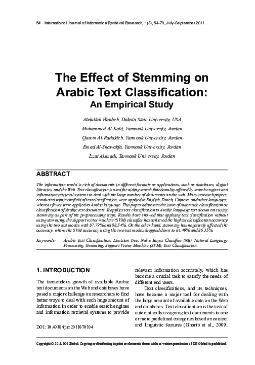 Pdf The Effect Of Stemming On Arabic Text Classification
