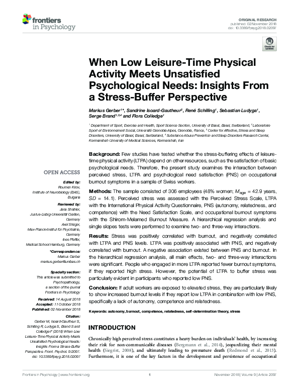 (PDF) When Low Leisure-Time Physical Activity Meets Unsatisfied Psychological Needs: Insights ...