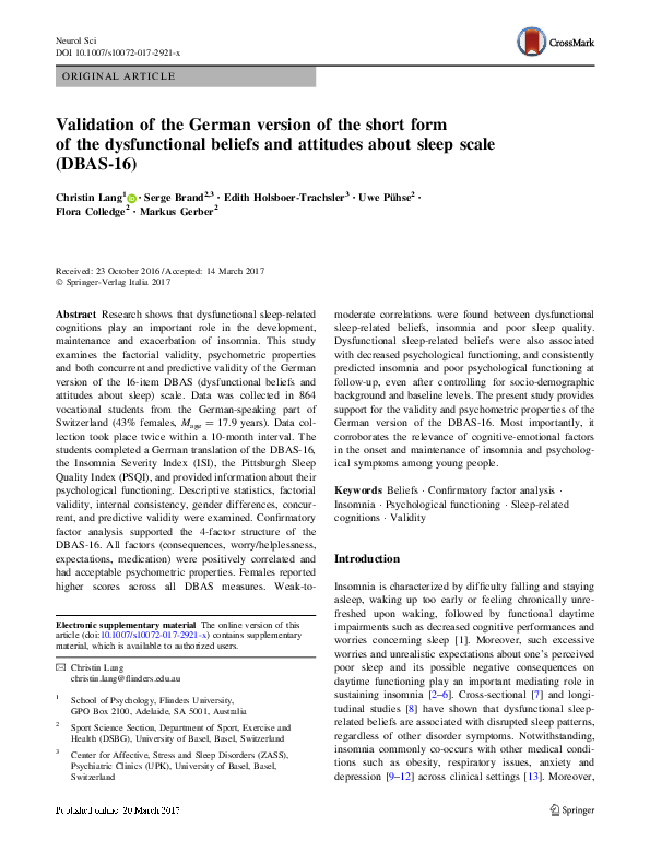 (PDF) Validation of the German version of the short form of the dysfunctional beliefs and ...