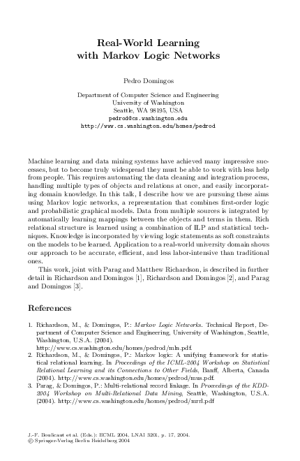 Pdf Real World Learning With Markov Logic Networks Pedro Domingos
