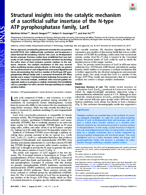 (PDF) Structural insights into the catalytic mechanism of a sacrificial sulfur insertase of the ...