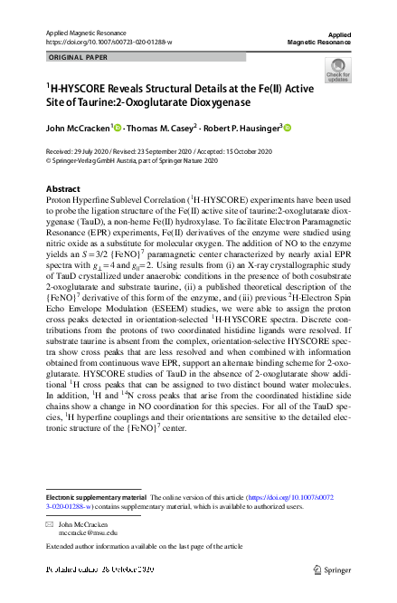 (PDF) 1H-HYSCORE Reveals Structural Details at the Fe(II) Active Site of Taurine:2-Oxoglutarate ...