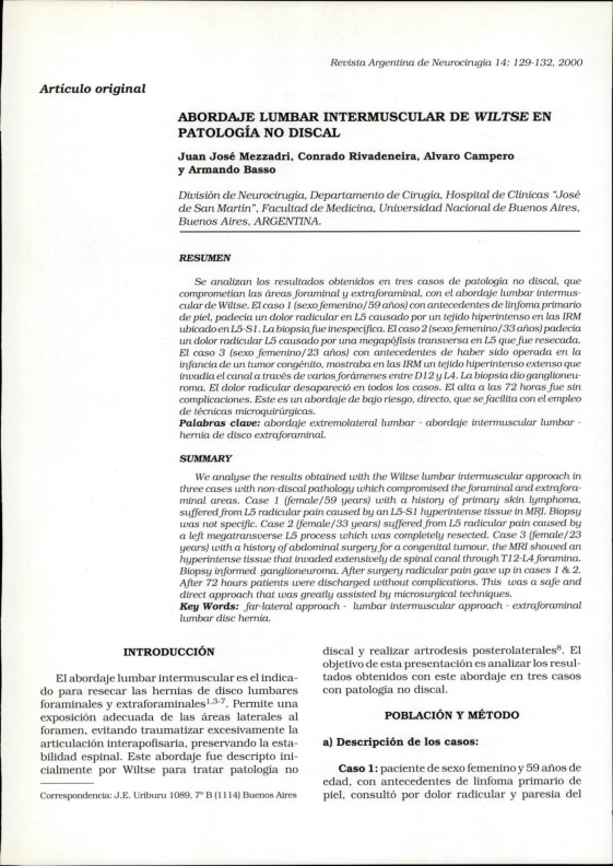 (PDF) Abordaje lumbar intermuscualr de Wilse en patología no discal