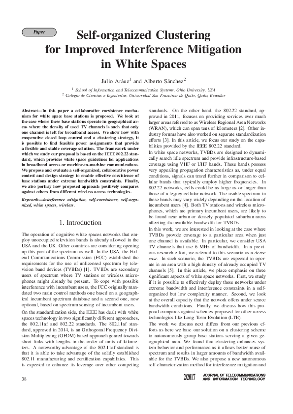 (PDF) Self-organized Clustering for Improved Interference Mitigation in White Spaces