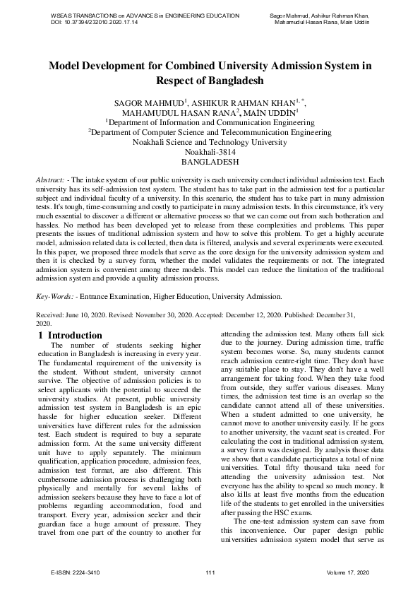 (PDF) Model Development for Combined University Admission System in Respect of Bangladesh