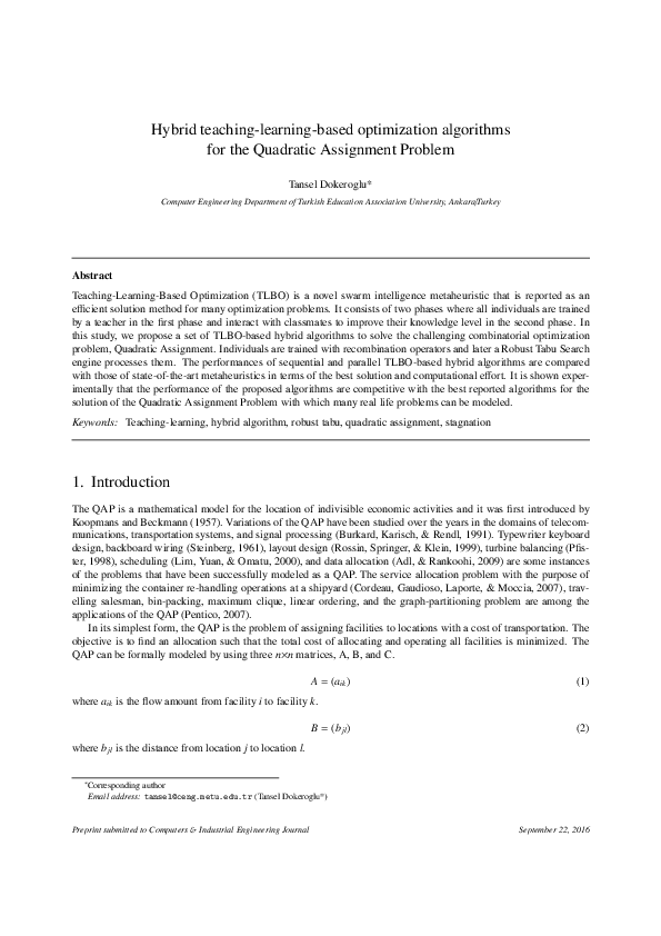 (PDF) Hybrid teaching–learning-based optimization algorithms for the Quadratic Assignment Problem