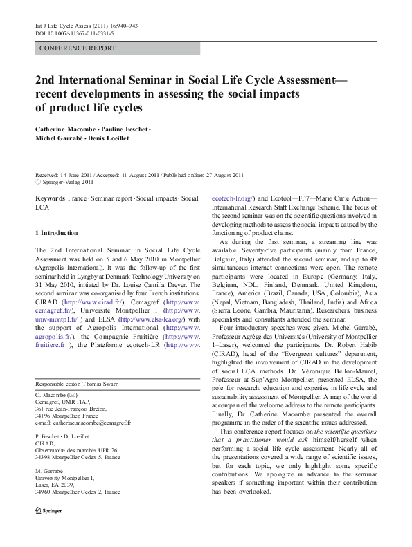 (PDF) 2nd International Seminar in Social Life Cycle Assessment—recent ...