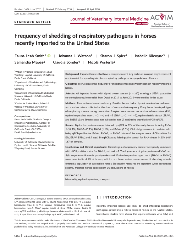(PDF) Frequency of shedding of respiratory pathogens in horses recently ...