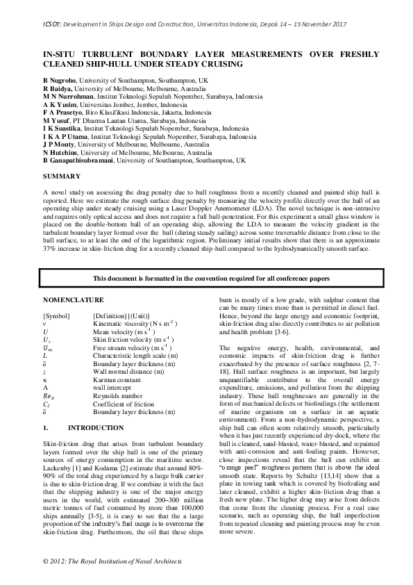 (PDF) In-situ turbulent boundary layer measurements over freshly cleaned ship-hull under steady ...
