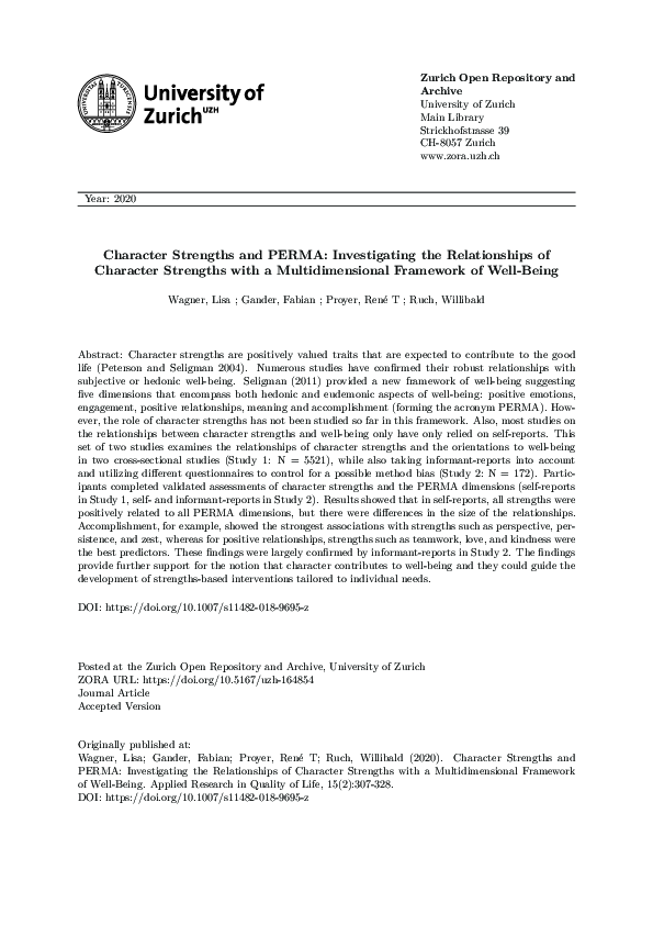 (PDF) Character Strengths and PERMA: Investigating the Relationships of ...