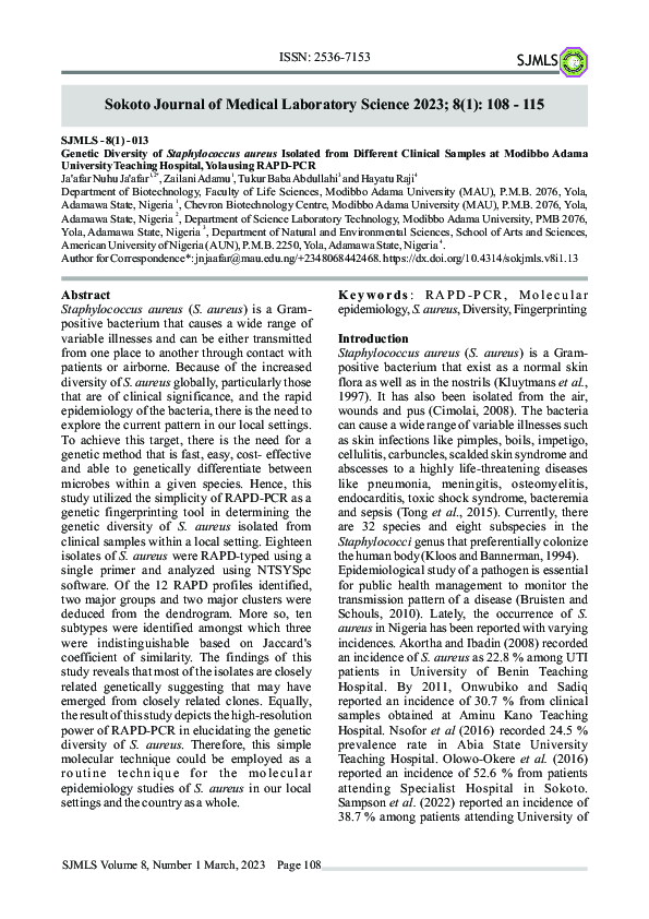Pdf Genetic Diversity Of Staphylococcus Aureus Isolated From
