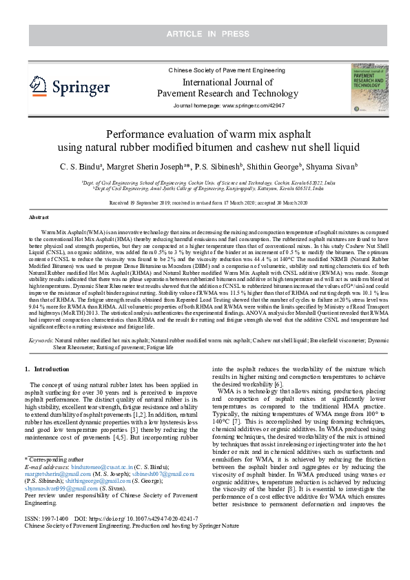 (PDF) Performance evaluation of warm mix asphalt using natural rubber ...