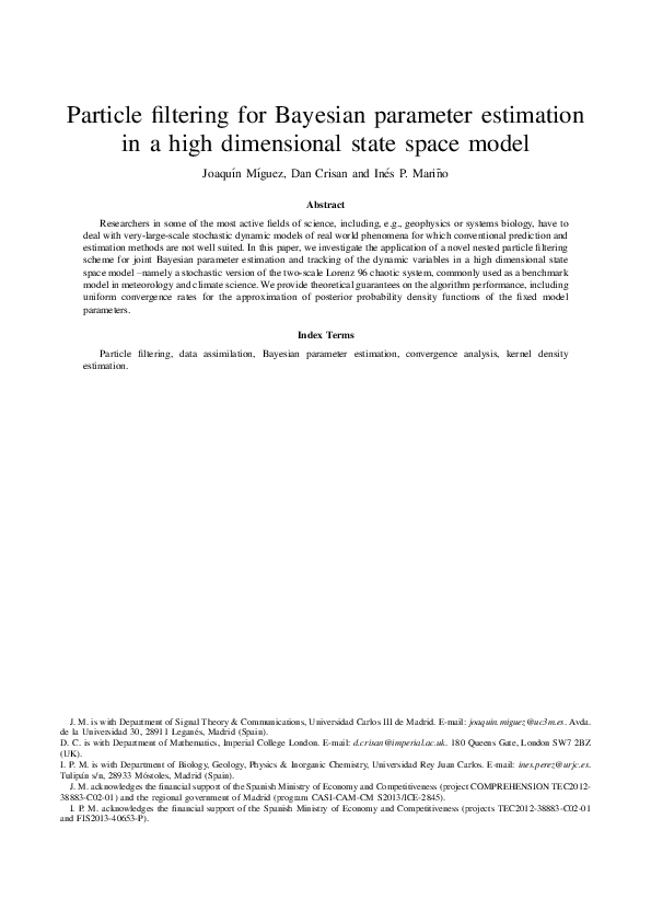 (PDF) Particle filtering for Bayesian parameter estimation in a high dimensional state space model