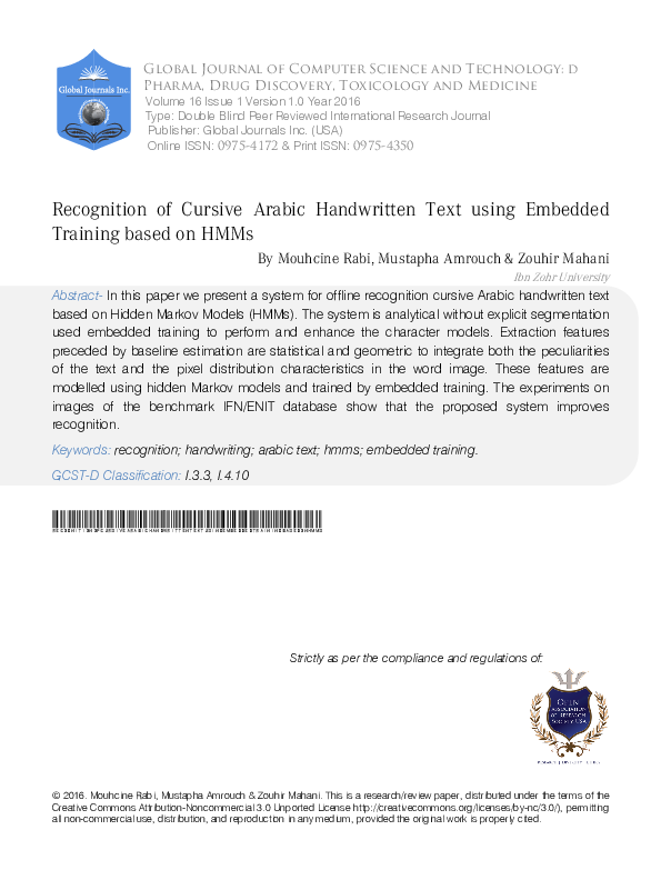 Pdf Recognition Of Cursive Arabic Handwritten Text Using Embedded Training Based On Hmms