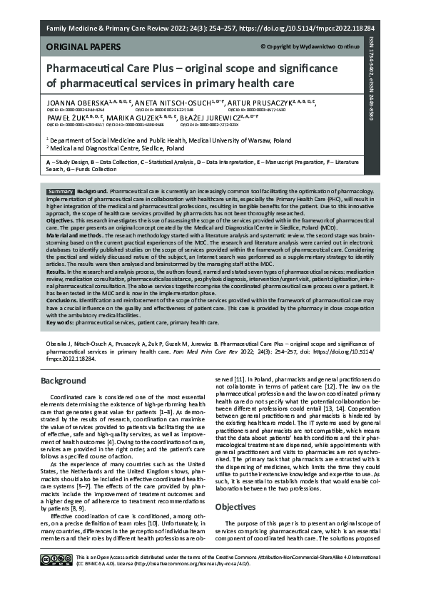 (PDF) Pharmaceutical Care Plus – original scope and significance of pharmaceutical services in ...