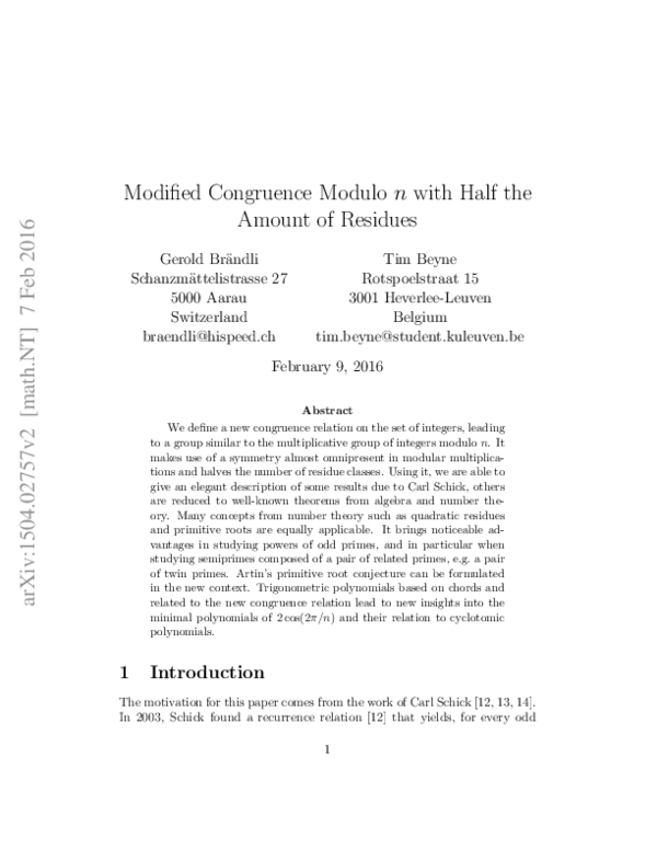 (PDF) Modified Congruence Modulo $n$ with Half The Amount of Residues