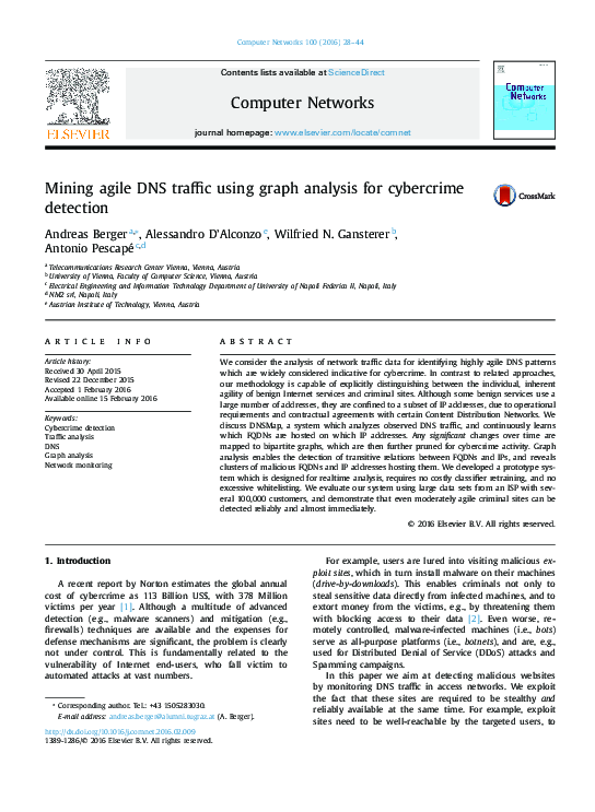 (PDF) Mining agile DNS traffic using graph analysis for cybercrime detection