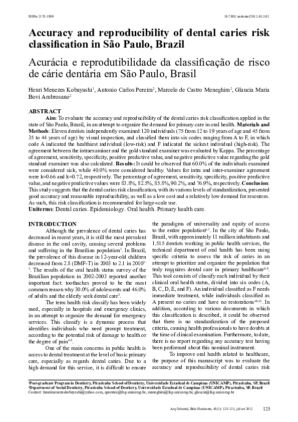 (PDF) Accuracy and reproducibility of dental caries risk classification ...