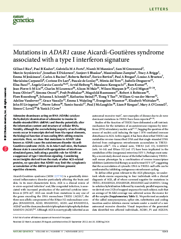 (PDF) ADAR1 Mutations Cause Aicardi-Goutières Syndrome