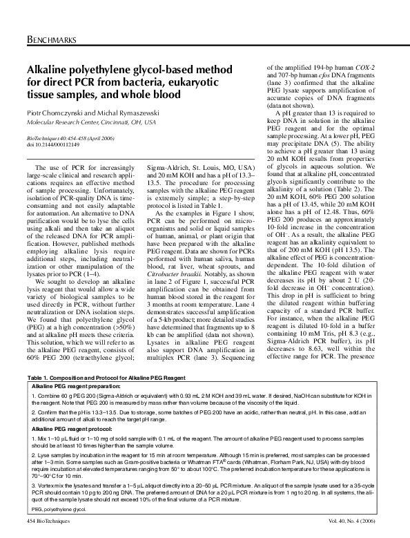(PDF) Alkaline polyethylene glycol-based method for direct PCR from ...