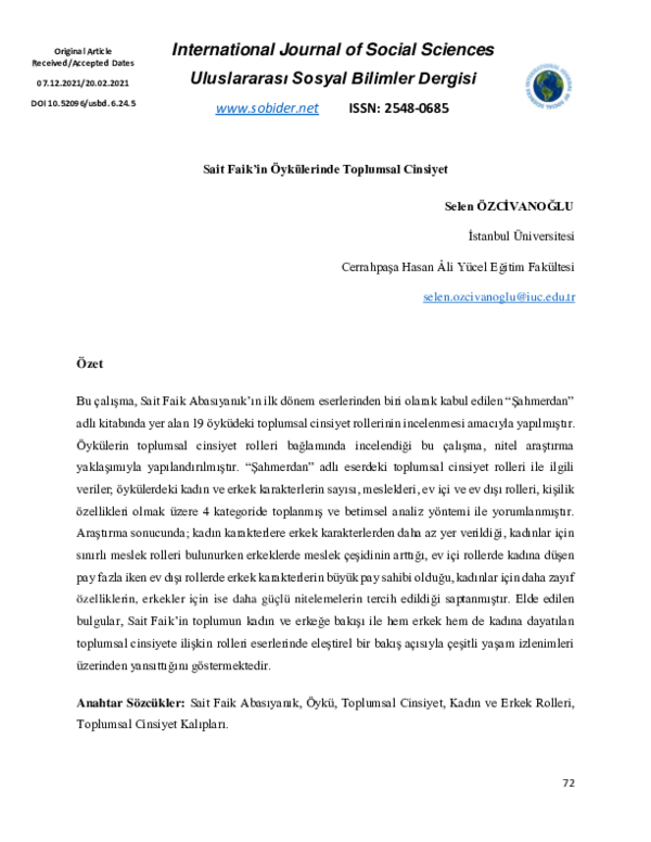 (PDF) Sait Faik’in Öykülerinde Toplumsal Cinsiyet