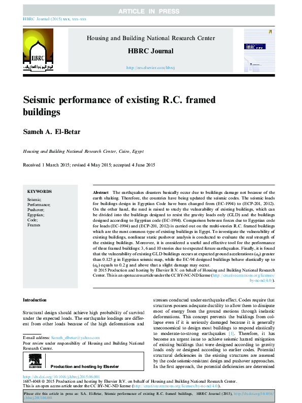 (PDF) Seismic Performance of Existing RC Framed Buildings Using Pushover Analysis Method