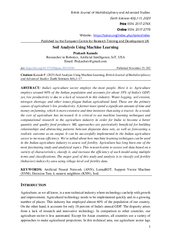 (PDF) Soil Analysis Using Machine Learning