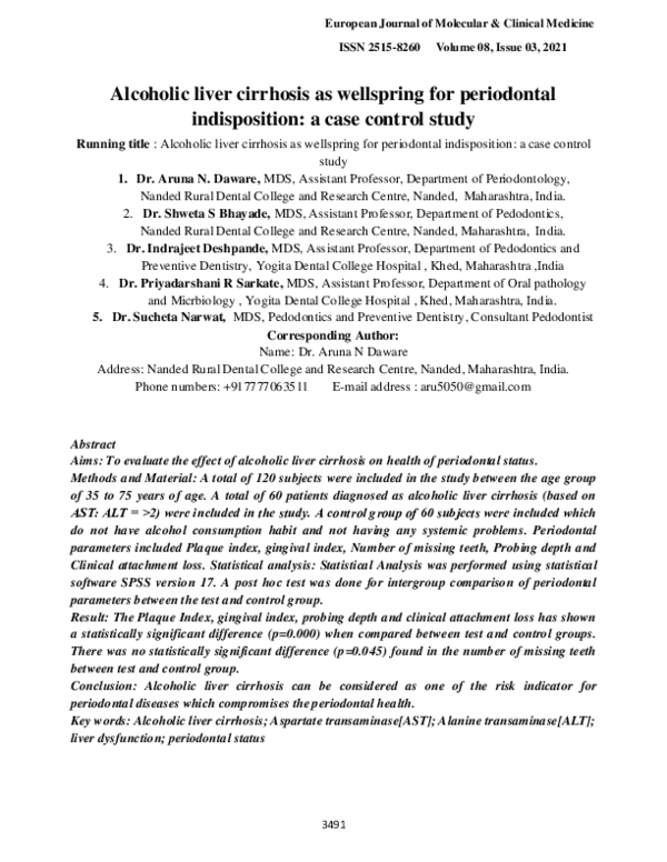 (PDF) Alcoholic liver cirrhosis as wellspring for periodontal indisposition: a case control study