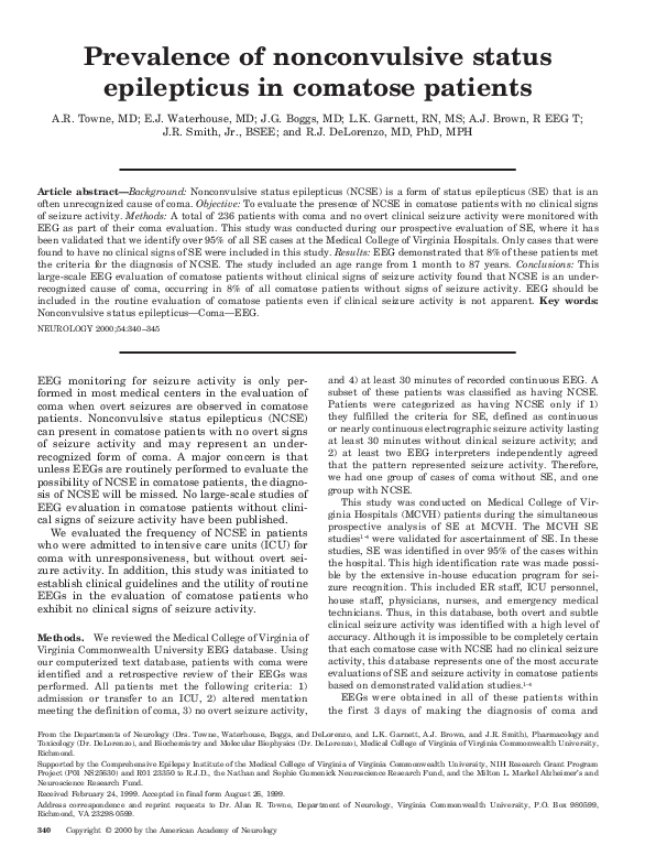 (PDF) Prevalence of nonconvulsive status epilepticus in comatose patients