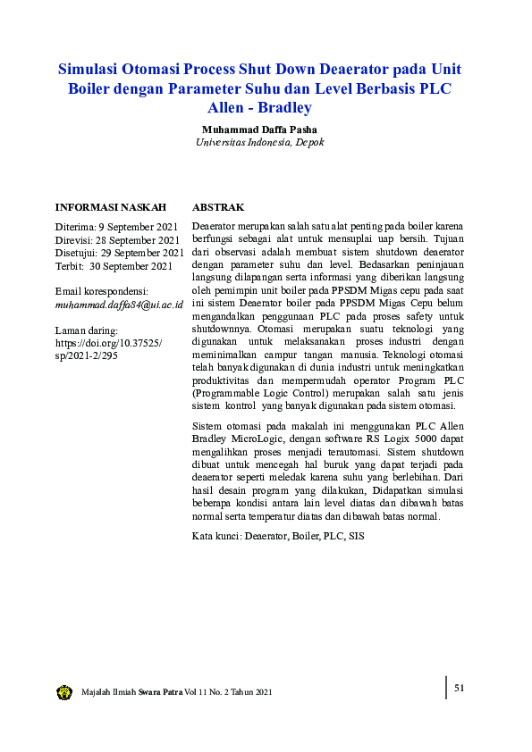 Simulasi Otomasi Process Shut Down Deaerator pada Unit Boiler dengan ...