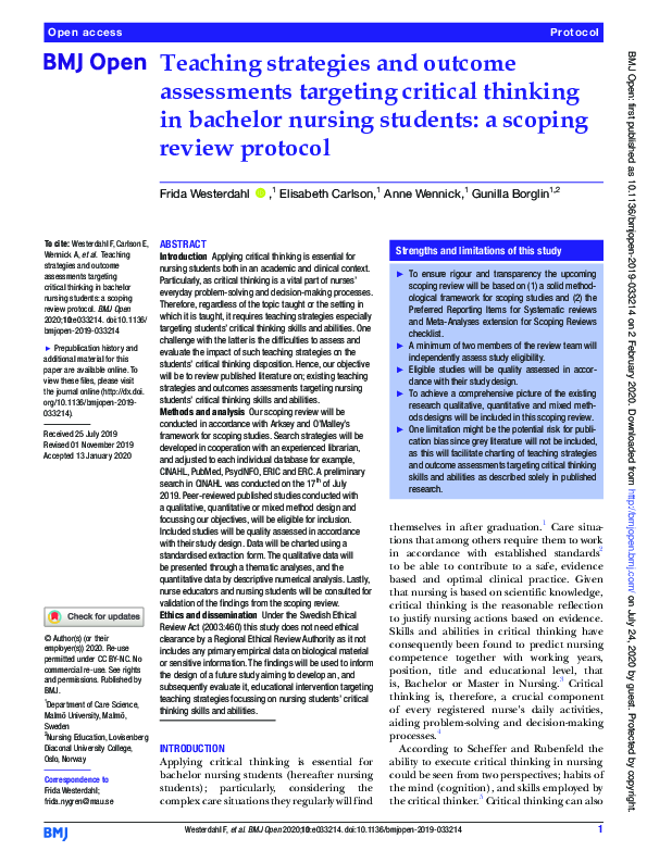 (PDF) Teaching strategies and outcome assessments targeting critical thinking in bachelor ...