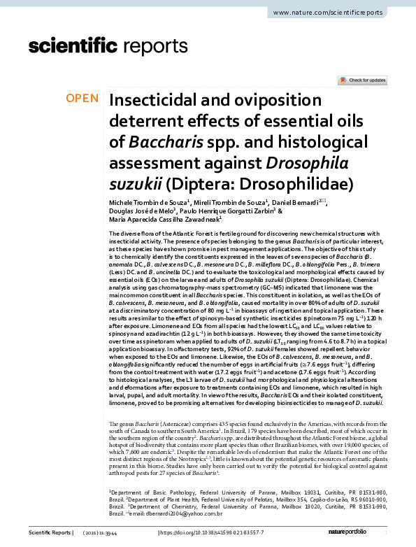 (PDF) Insecticidal and oviposition deterrent effects of essential oils of Baccharis spp. and ...
