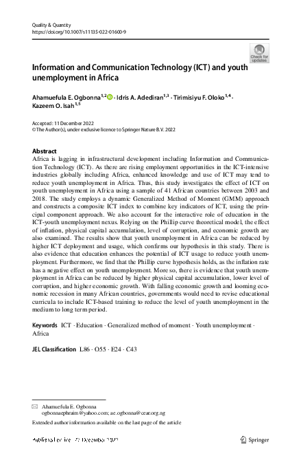 (PDF) Information and Communication Technology (ICT) and youth unemployment in Africa