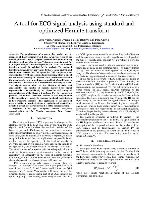 (PDF) A tool for ECG signal analysis using standard and optimized Hermite transform | Milos ...
