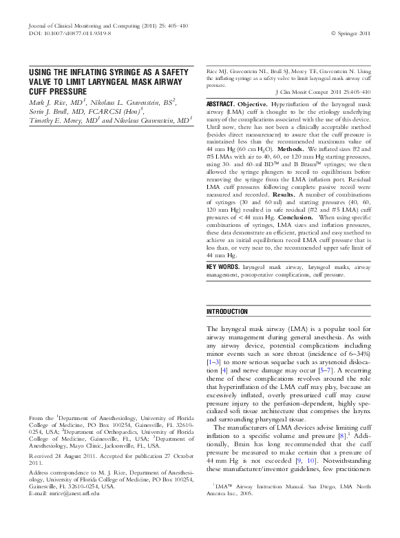 (PDF) Using the inflating syringe as a safety valve to limit laryngeal ...