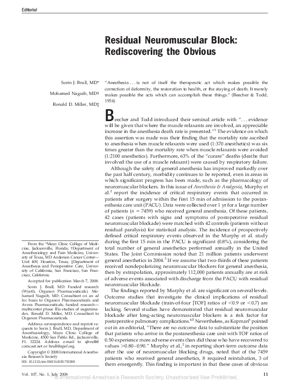 (PDF) Residual Neuromuscular Block: Rediscovering the Obvious