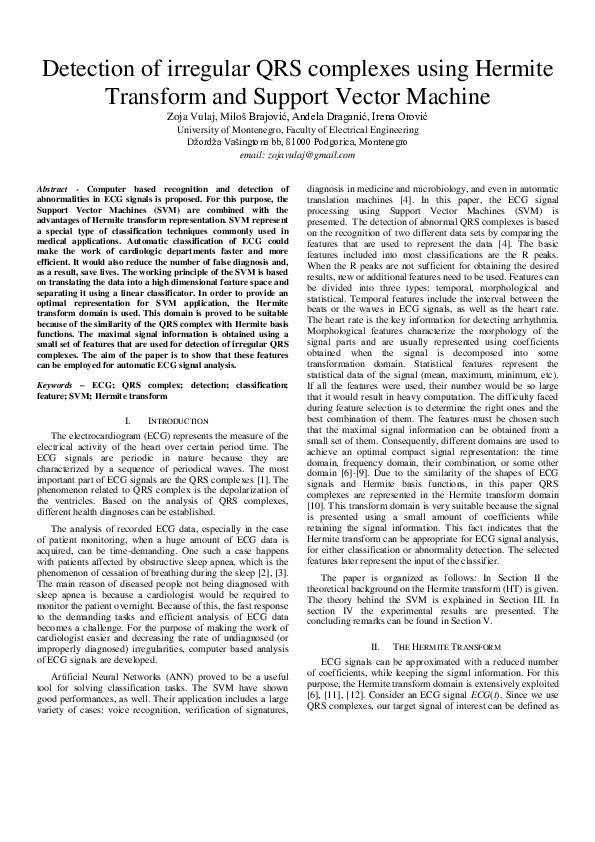 (PDF) Detection of irregular QRS complexes using Hermite transform and support vector machine