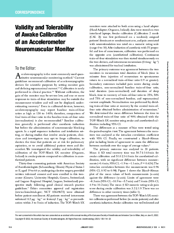 (PDF) Validity and Tolerability of Awake Calibration of an Accelerometer Neuromuscular Monitor