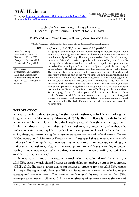 (PDF) Student’s Numeracy on Solving Data and Uncertainty Problems in Term of Self-Efficacy ...