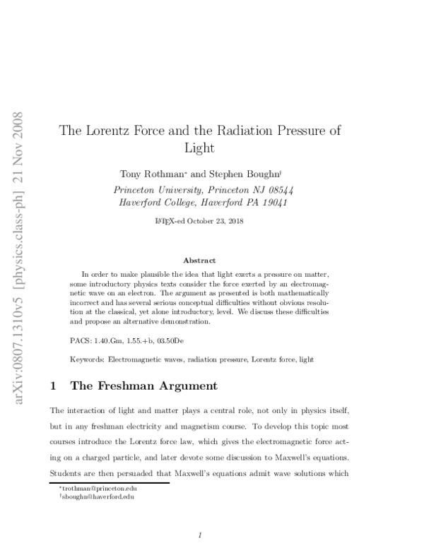 (PDF) The Lorentz force and the radiation pressure of light